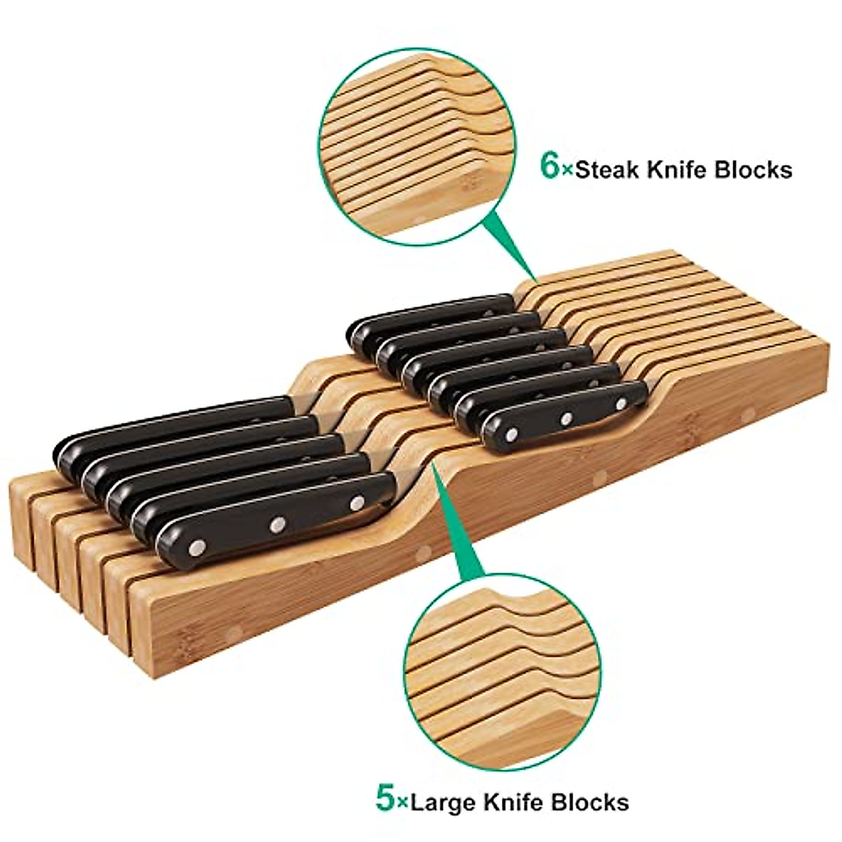 kiplant Bamboo Kitchen Drawer Organizer, Expandable Cutlery Tray Silverware Organizer with Large Knife Blocks for Silverware, Flatware, Knives, Utensil Organizer for Kitchen Drawers