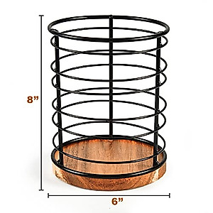 Utensil Holder for Kitchen Counter, Black Metal Wire Cooking Utensil Holder with Acacia Wooden Base, Large Kitchen Utensil Holder for Countertop