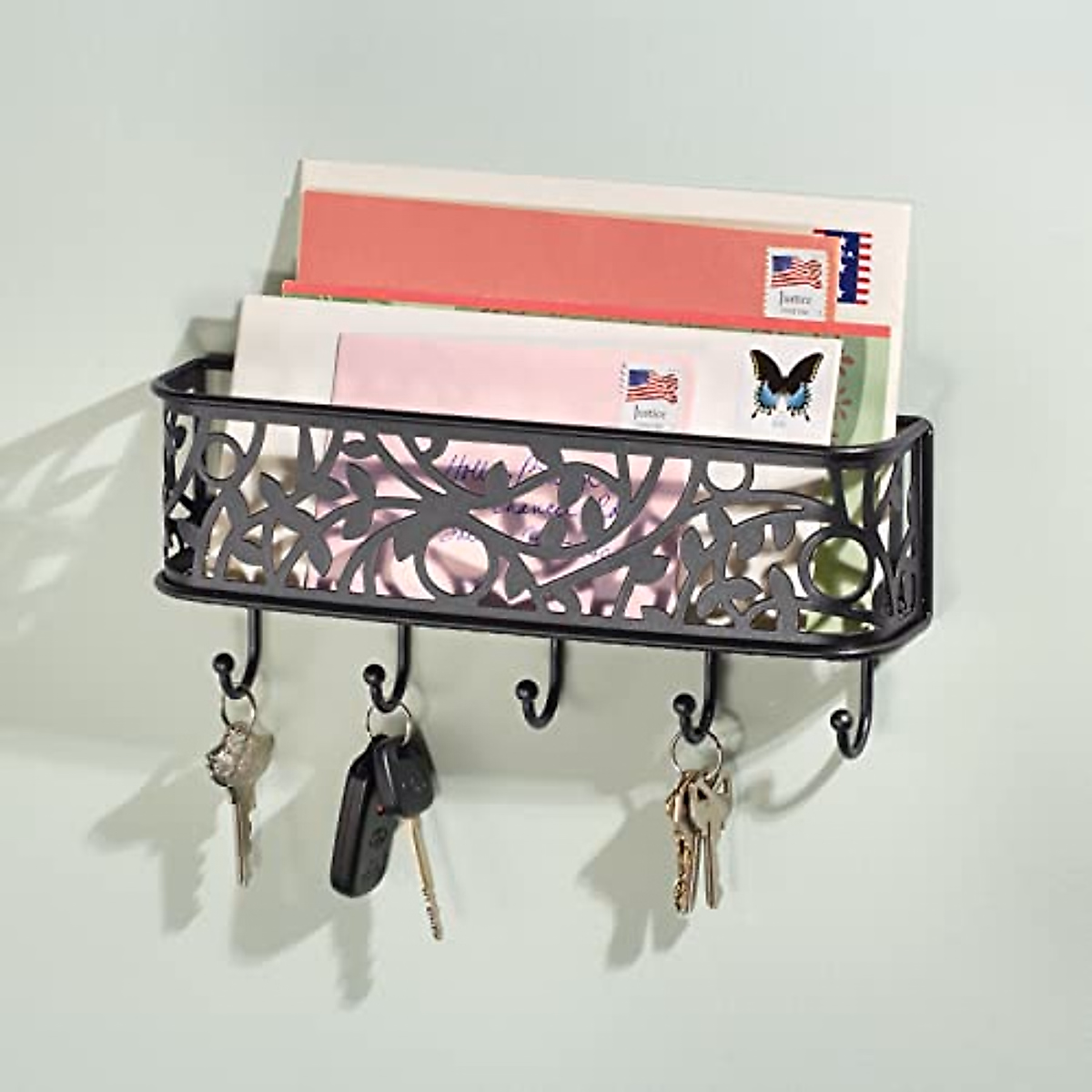 mDesign Wall Mount Metal Entryway Storage Organizer Mail Sorter Basket with 5 Hooks - Letter, Magazine, Coat, Leash and Key Holder for Entryway, Mudroom, Hallway, Kitchen, Office - Matte Black