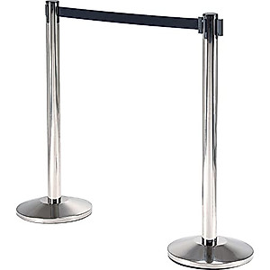 Global Industrial Retractable Belt Barrier, 40" Stainless Steel Post, 10' Black Belt, Lot of 2
