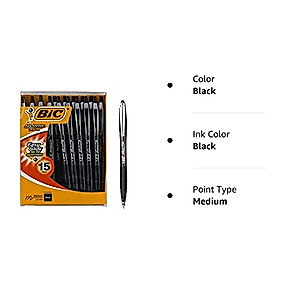 BIC Atlantis Retractable Ballpoint Pen, 1.0mm, Medium Point, Black Ink, Pack of 15