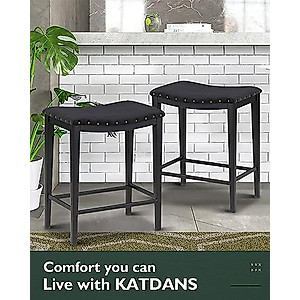 KATDANS Black Bar Stools Set of 2 Counter Height 24 Inches Backless Barstools for Kitchen Counter Modern Saddle Stools Velvet Nailhead Upholstered Stools, KS718PBK, 2Pcs