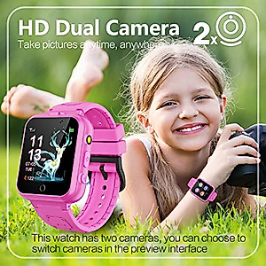 Retysaz Kids Game Smart Watch 24 Game Pedometer 2 HD Cameras Smartwatches for Children 3-14 Great Gifts to Girls Boys Electronic Learning Toys (Pink-A1)