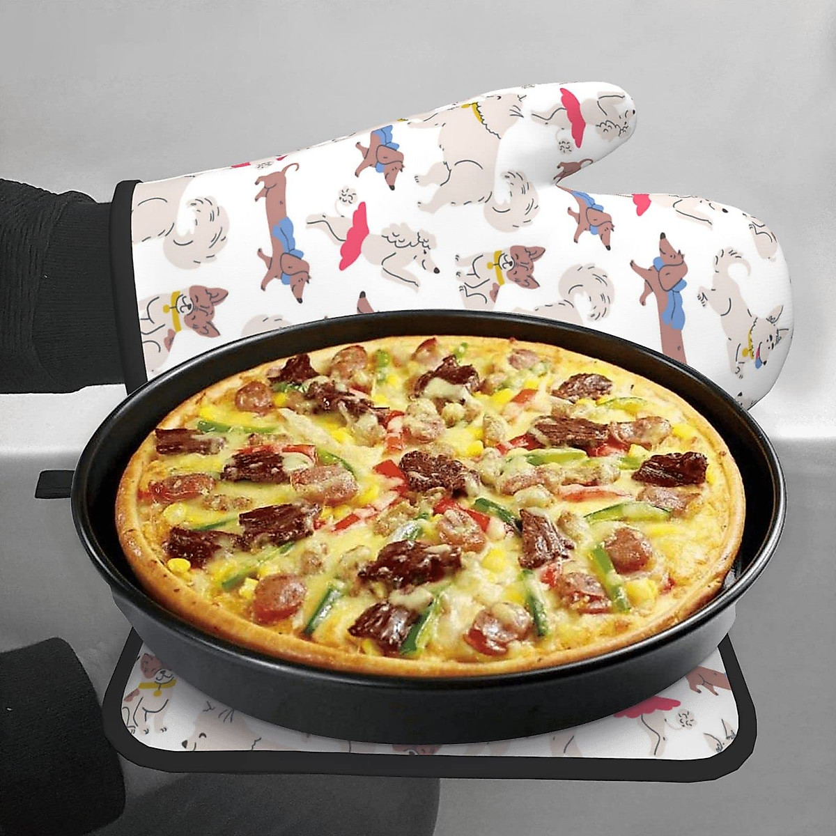 Cute Dog Puppy Oven Mitts and Pot Holders Sets Resistant Hot Pads Potholders Non-Slip Cotton Lining Oven Gloves for Four Seasons Kitchen Baking Cooking Grilling