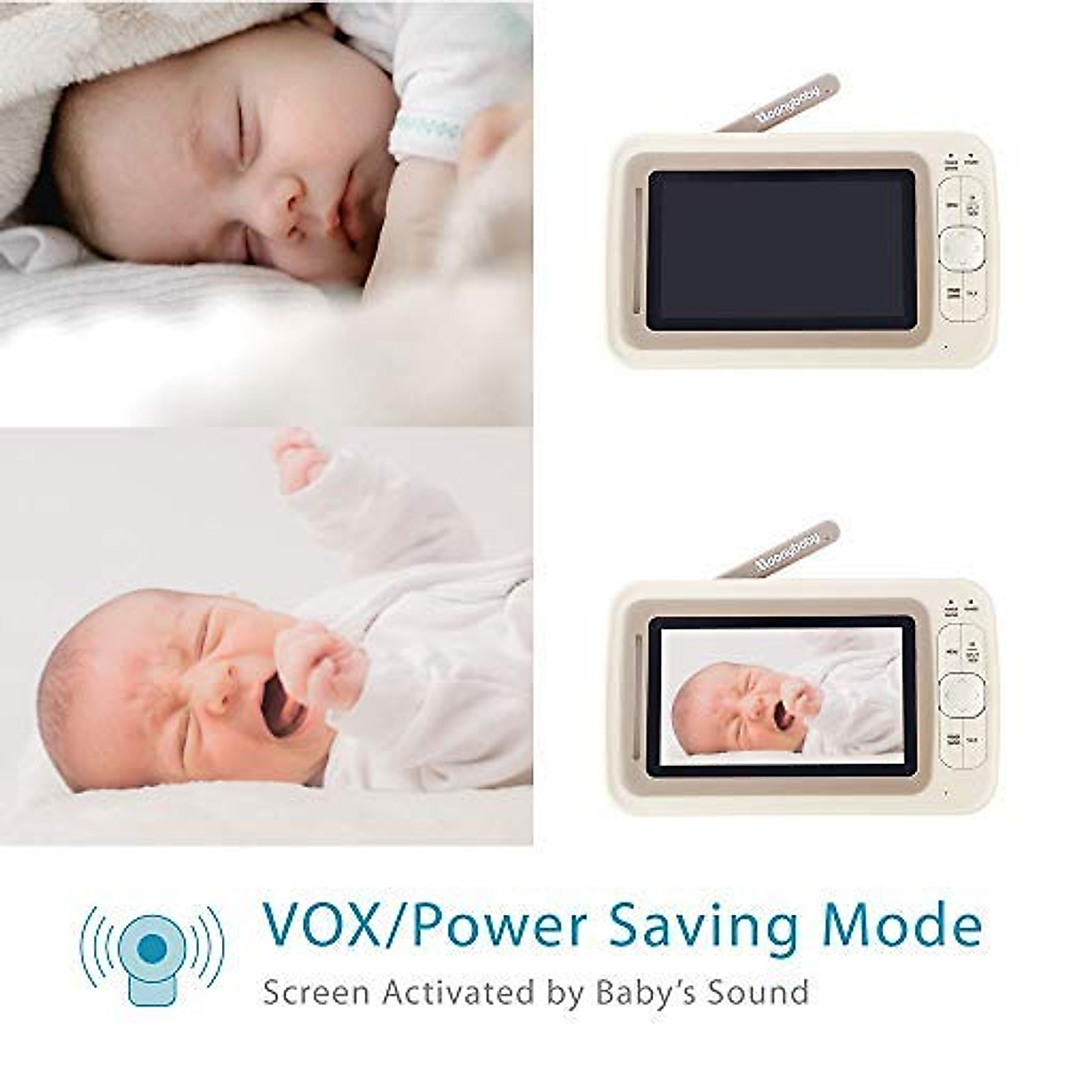 Moonybaby Split Screen Baby Monitor with 2 Cameras and Audio, Model: Split 30, No WiFi, Extended 12hrs Battery Life, Wide View, Long Range, Auto Night Vision, 4.3" Large Screen, Lullaby, 2-Way Audio