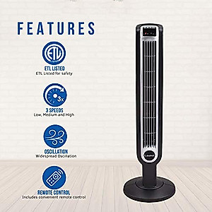 Lasko Oscillating Tower Fan, Remote Control, 3 Speeds, for Bedroom, Kitchen, Office, 36", Black, 2511 & 2535 52" Oscillating Pedestal Fan, 52 Inch, Silver Gray