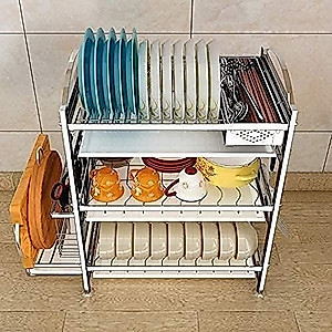 Plate Rack Dish Drainer Rack Stainless Steel with Knife Utensil Basket Removable Tray Large Space to Hold Dishes Bowls and Spoons Pan Plate Holder (Color : Silver, Size : 40.5x29x62cm)
