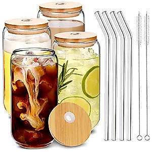 Drinking Glasses with Bamboo Lids and Glass Straw 4pcs Set - 16oz Can Shaped Glass Cups, Iced Coffee Glasses, Beer Glasses, Cute Reusable Bottle, Ideal for Whiskey, Tea, Gift - 2 Cleaning Brushes
