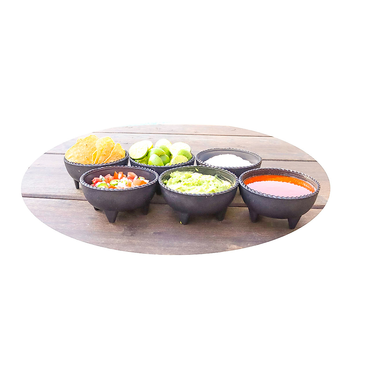 6 Pack Salsa Black Molcajete, Mexico Serving Dish, Chips, Sauce Cup, Side Dish, Snack, Dip, Nuts Candy for Taco Fiesta, Perfect for Parties, Events, or Any Use! (Black Wavy Edge, 6 Pack)