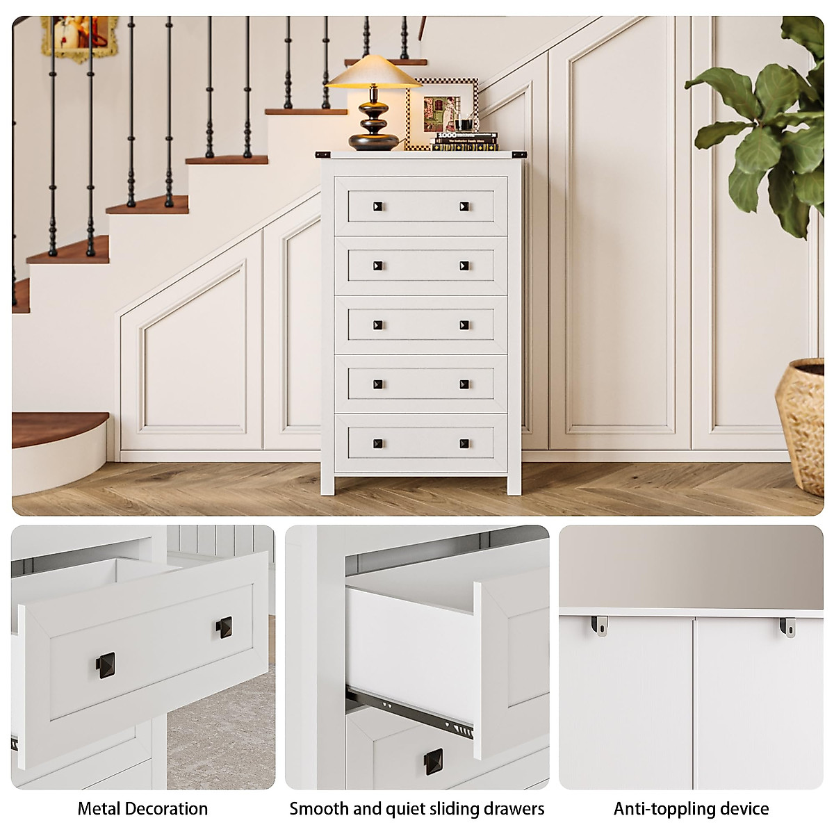 Wodeer White 5 Drawers Dresser for Bedroom,Wood Storage Chest of Drawers, Dresser with Metal Handles,Dressers Organizer for Bedroom, Living Room,Hallway,Nursery