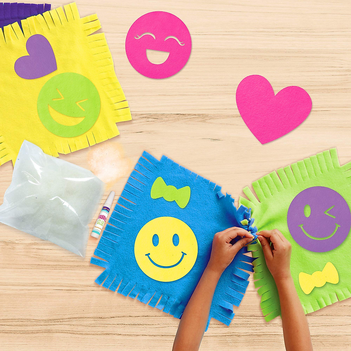 Made By Me Easy to Knot Jumbo Emoticon Pillow by Horizon Group USA, No Sewing, No Cutting, 20 in.x 20 in. Fleece Pillow, Pre-Cut Squares & Felt Decals, Fiber Fill, Assorted (73041F)