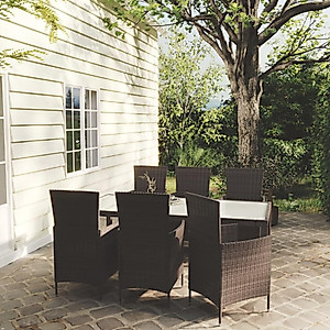 vidaXL Patio Dining Set 7 Piece with Cushions Garden Outdoor Terrace Balcony Dinner Table and Chair Seat Seating Furniture Poly Rattan Brown