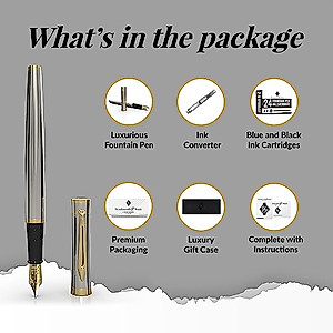 Wordsworth & Black Fountain Pen Set, Medium Nib, Includes 24 Ink Cartridges and Ink Refill Converter, Gift Case, Journaling, Calligraphy, Smooth Writing Pens [Silver Gold], Perfect for Men and Women