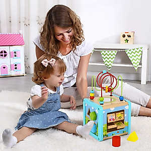 TOOKYLAND Activity Cube Wooden Toys Bead Maze Shape Sorter Learning Developmental Montessori Toys Small Size Gifts for Toddler Kids