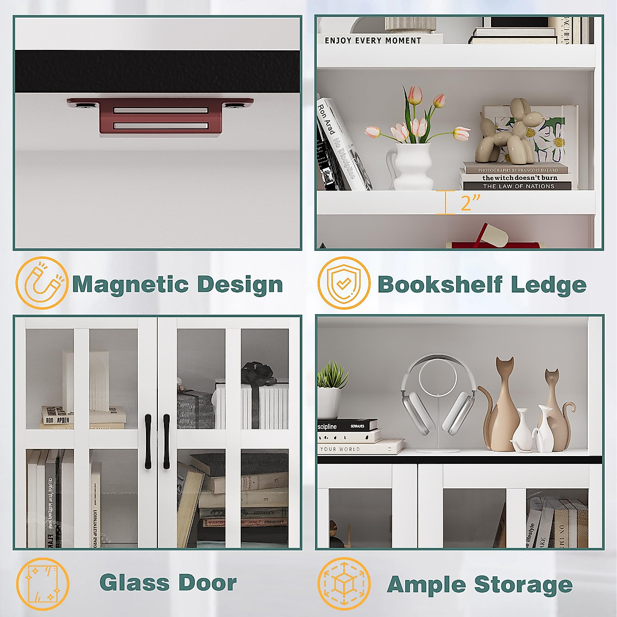 LUMIINOFAMI Bookshelf with Cabinet, 68.9'' Book Shelf with Door 5 Tier Farmhouse Bookshelf with Glass Window, Wood Bookcase Bookshelves Kitchen Pantry for Living Room Home Office Kitchen (White)