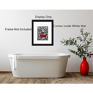 Red Bathroom Decor, Daisy Flowers Bubbles Tub 8x10 Print with 11x14 Mat Bath Red Wall Art Picture