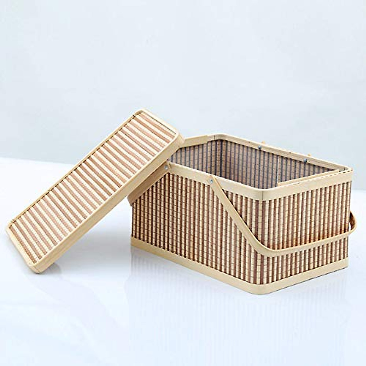HEFUTE Handmade Bamboo Basket with Lid, Handle Square Portable Organizer with Lock Fit for Clothes Storage Lightweight Durable Easy to Carry