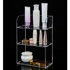 Jusalpha 3 Tier Clear Acrylic Bathroom Organizer shelf for Cosmetic Perfume Skincare Makeup Toy Spices Standing Tabletop Vanity Tray Shelf Multifunctional Sturdy Display showcase (10''x 4''x 12'')