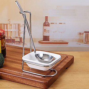 2Pcs Stainless Steel Standing Spoon Rest Stand with Ceramic Spoon Rest Dish Ladle Holder Long Handle Soup Spoon Rest Stand Kitchen Utensil Holder for Kitchen Counter Organization, Silver