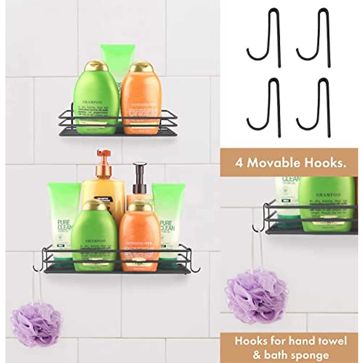 Shower Caddy Basket Shelf, Bath Accessories , Shampoo Holder Organizer No Drilling Wall Mounted Adhesive Bathroom Storage Black Stainless Steel (Black) - 2 Pack