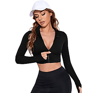 SweatyRocks Women's Long Sleeve Stand Collar Zip Up Crop Top Stretchy Sports Jacket Activewear Black S