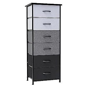 Crestlive Products Vertical Dresser Storage Tower - Sturdy Steel Frame, Wood Top, Easy Pull Fabric Bins, Wood Handles - Organizer Unit for Bedroom, Hallway, Entryway, Closets - 6 Drawers (Black&Gray)