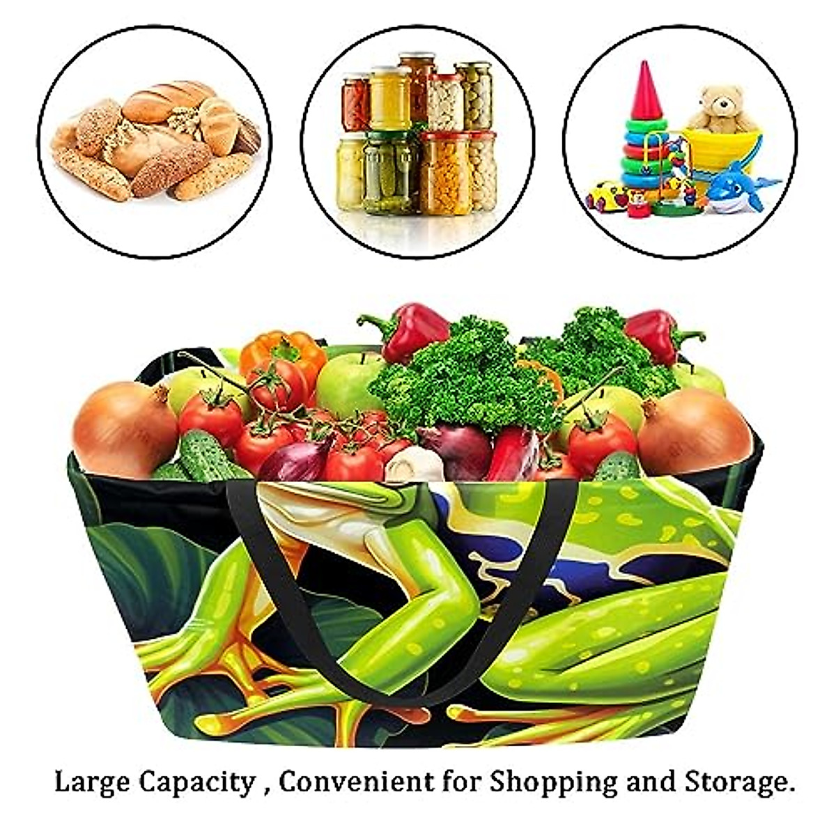 Reusable Grocery Bags Boxes Storage Basket, Red Eye Frog Pattern Collapsible Utility Tote Bags with Long Handle