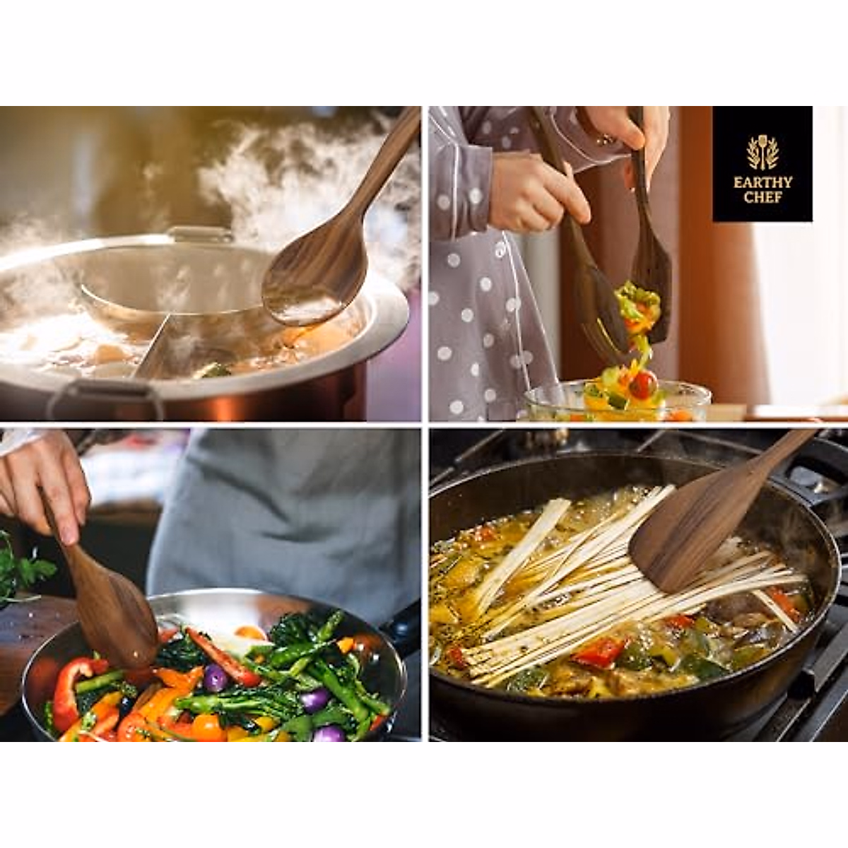 Earthy Chef wooden utensils for cooking - Premium teak kitchen utensil set - Incl. utensil holder and hanging hooks - 9-piece cooking spoon set - Non scratch & Food-grade material