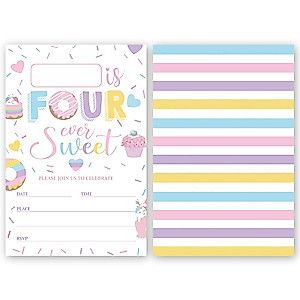 LoaHak Four Ever Sweet Birthday Invitation, Donut Invitation, Donut party favors for kids, birthday party invitations. (011)