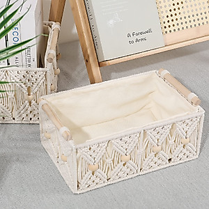 LaMorée Large Boho Macrame Storage Baskets 3 PCS Cotton Rope Hand Woven Bin Set with Natural Wooden Handles & Beads Decorative Wicker Boxes for Tabletop Book Shelf Bathroom Organizer Container