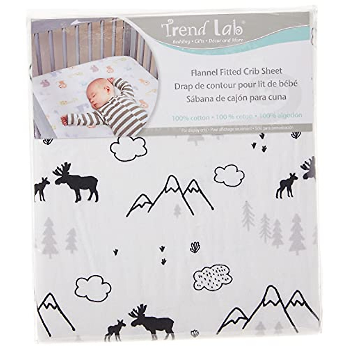 Lumberjack Moose Deluxe Flannel Fitted Crib Sheet-Moose and Mountain Print, Cotton Flannel, Black, Gray, White, Fully Elasticized, 10 in Deep Pockets, Fits Standard Crib Mattress 28 in x 52 in