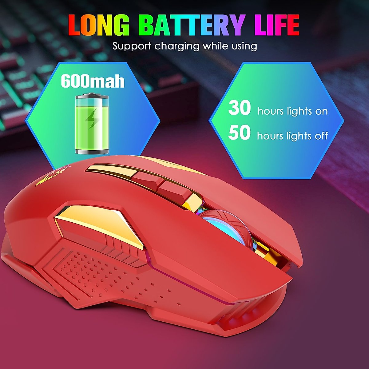 FELICON Wireless Gaming Mouse Rechargeable with Rainbow RGB Backlit,Optical Sensor 3 Level DPI,Ergonomic Gamer Laptop High Performance PC Mice with 8 Buttons for Windows 7/8/10/XP Vista（Red）