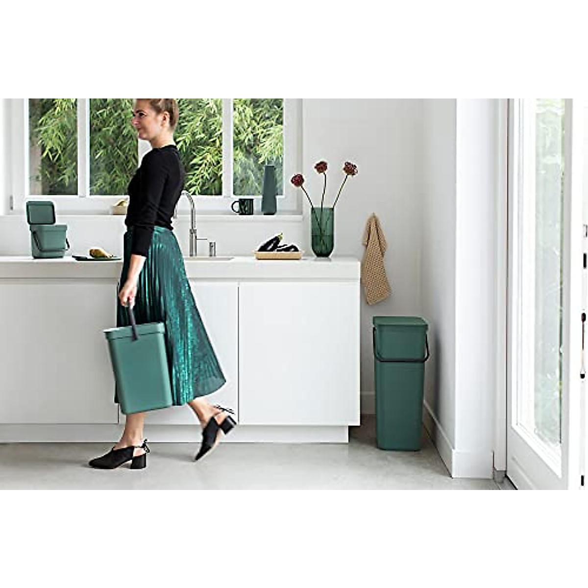 Brabantia Sort & Go Kitchen Recycling/Garbage Trash Can (10.6 Gal/Fir Green) Large Refuse Organiser with Handle & Removable Lid, Easy Clean, PerfectFit Bags Included