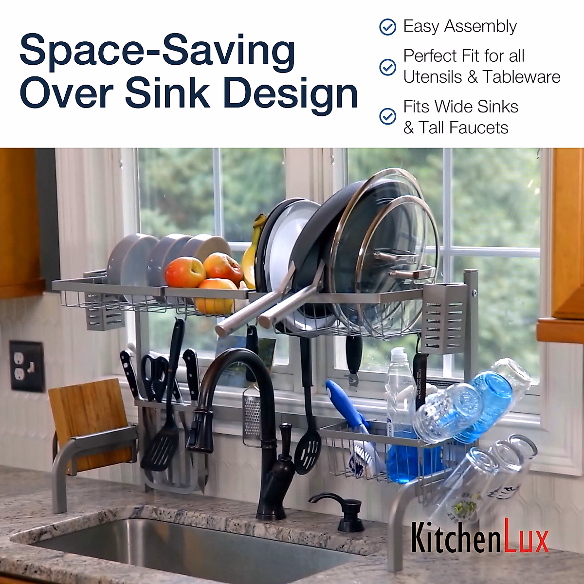 Kitchen Lux Over The Sink Dish Drying Rack - Kitchen Counter Dishes Drainer and Hanging Storage Organizer for Single, Wide, Double Sinks - Space Saving Design, Utensil Holder, Hooks Plate & Cup Rack