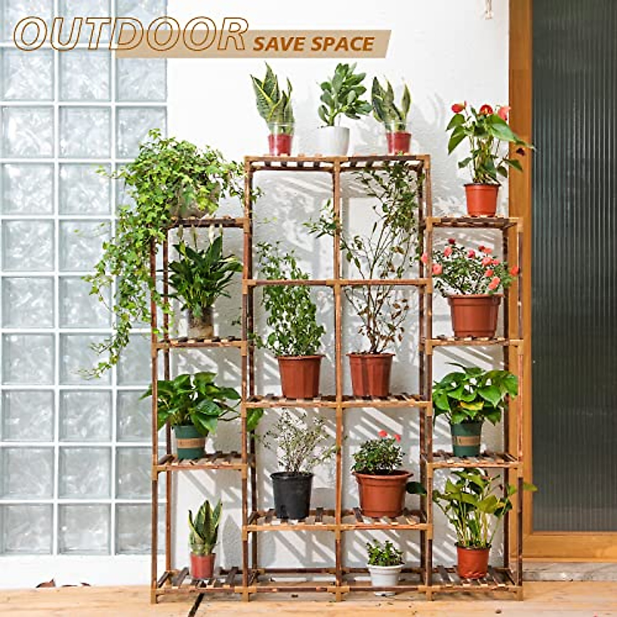 Uneedem Tall Shelf for Multiple Plants Indoor Outdoor 14 Tiers 16 Pot Holder Large Rack Wood Stand Shelves for Room Corner Balcony Garden Patio