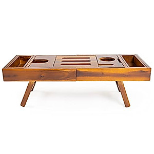 Ala Teak Wood Luxury Bathtub Caddy Tray with Extendable Sides and Bed Tray, Reading Rack, Tablet Holder