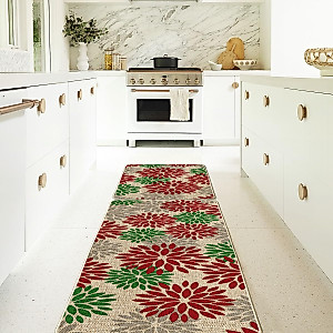 Artoid Mode Red Green Dahlia Floral Boho Christmas Kitchen Mats Set of 2, Winter Home Decor Low-Profile Kitchen Rugs for Floor - 17x29 and 17x47 Inch