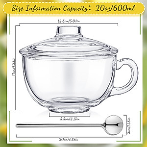 Didaey Set of 4 Glass Cereal Bowls Microwave Safe Glass Soup Bowls with Handle and Spoon Clear Oatmeal Bowl Mixing Ramen Pot Glass Coffee Mugs with Lids Milk Breakfast Bowls for Yogurt 20 Oz/ 600 ml