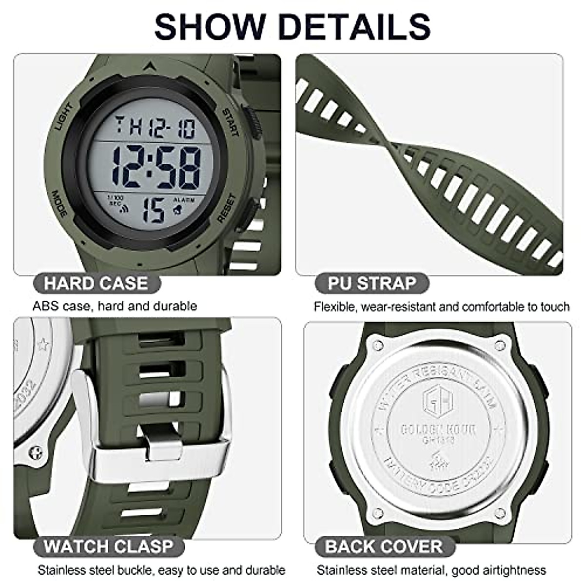GOLDEN HOUR Mens Waterproof Digital Sport Watches Wide Screen Easy Read Display Military Style with Green Rubber Strap