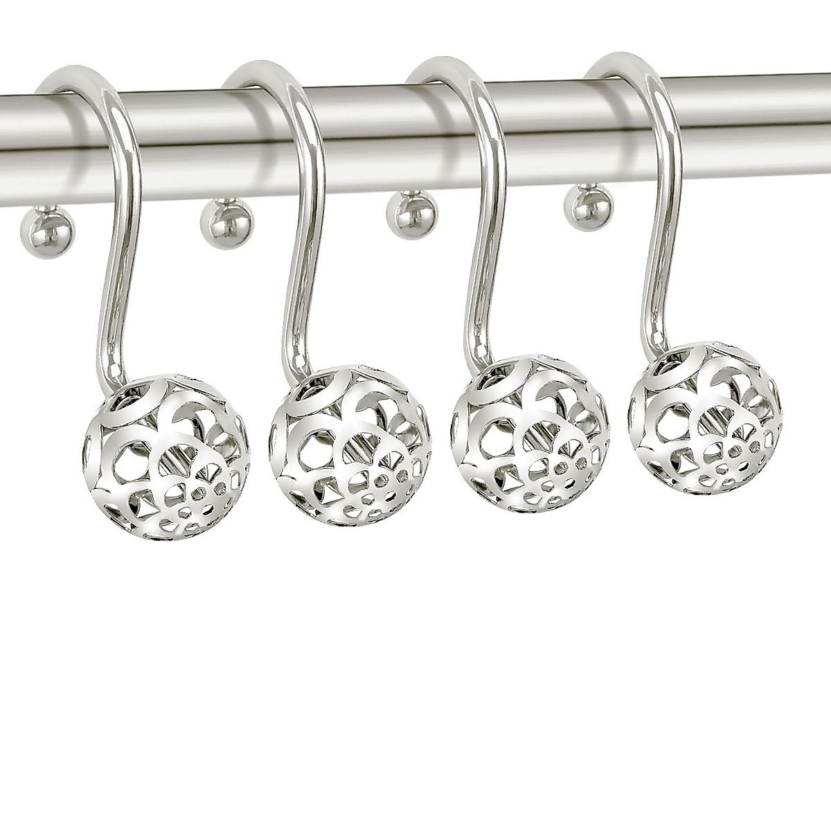 Chictie Nickel Shower Curtain Hooks - Decorative Shower Curtain Rings,Set of 12 Silver Metal Rustproof Shower Hangers for Bathroom Curtains Rods Hollow Ball Design