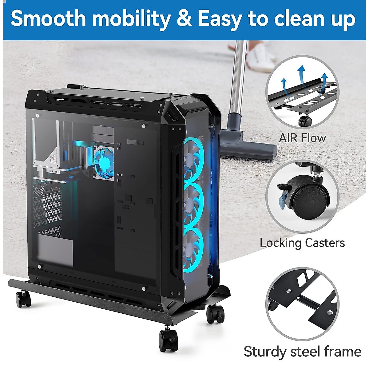LABOBOLE Computer Tower Stand, PC Tower Stand, CPU Stand with Rolling Caster Wheels, Versatile PC Riser Tower Stand for Floor, Carpet, and Gaming PC Case