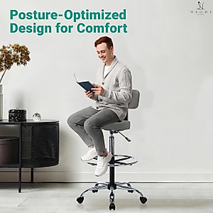 Venus Drafting Stool Chair, Rolling Stools with Wheels, Stools with Backs, Tall Adjustable Office Chair Workbench Stool with Back Support Adjustable Chair Work Stool with Chrome Footrest - Gray