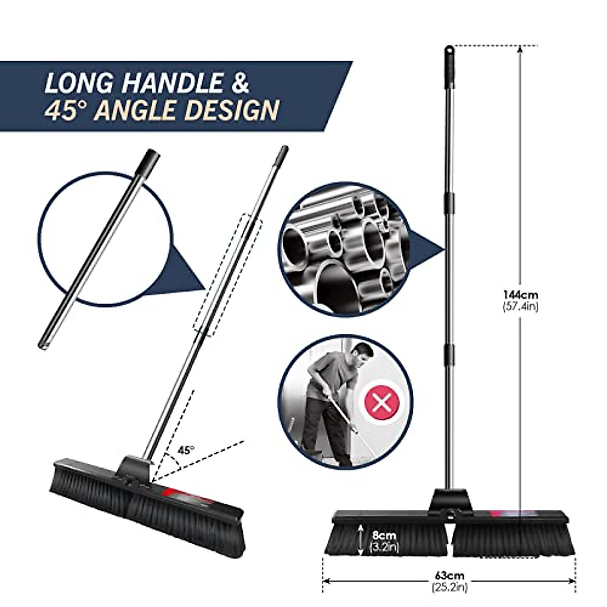 HEVOL Push Broom, 24" Wide Floor Scrub Brush with Stiff Bristles and 57” Long Stainless Steel Handle, Garage Heavy Duty Broom Outdoor Push Broom for Bathroom Kitchen Yard Patio Deck, Black