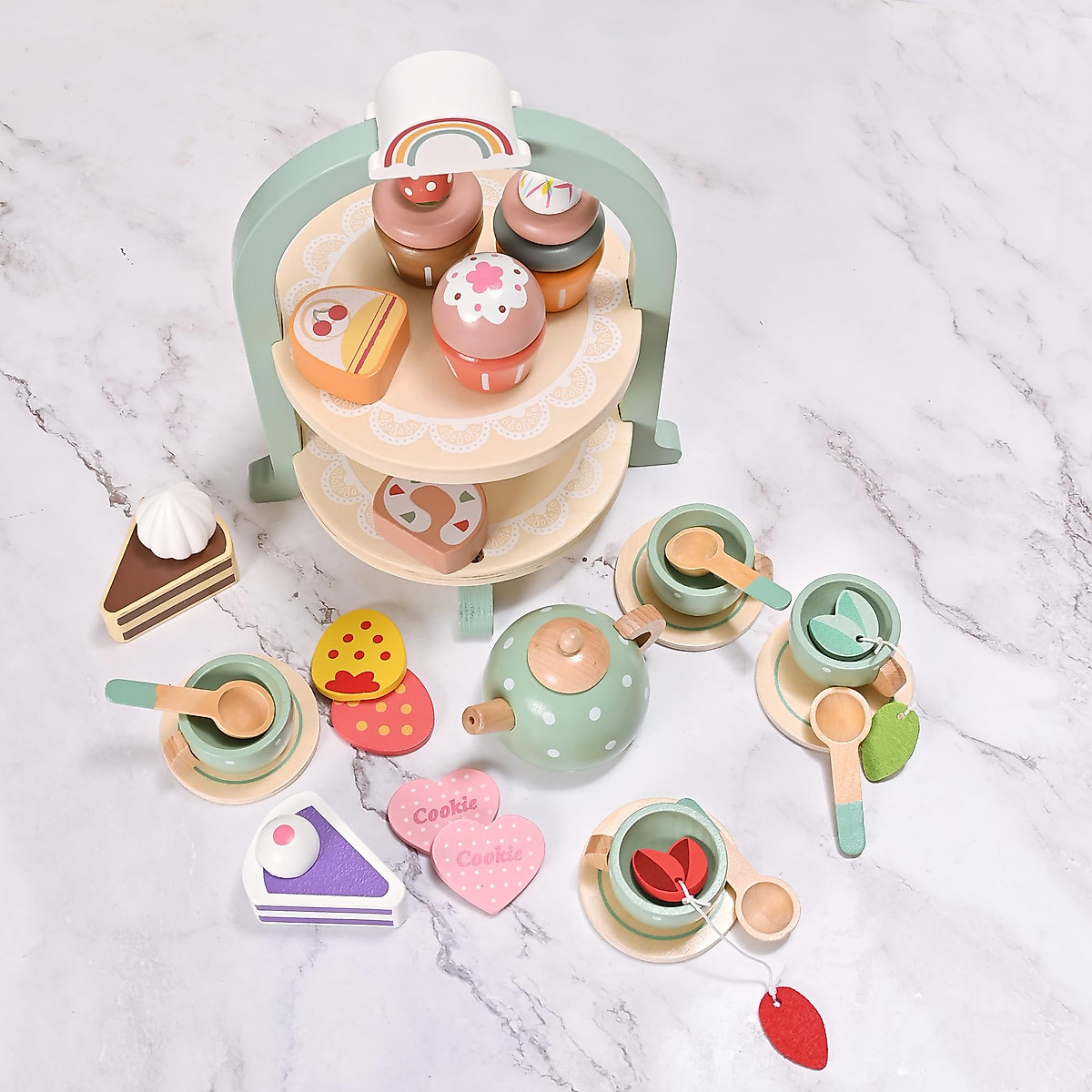 MONT PLEASANT 27pcs Wooden Tea Set for Little Girls, Toddler Tea Set Wooden Toys Play Kitchen Accessories with Cupcake Stand, Kids Tea Party Set Pretend Play Food Birthday Gift Playset