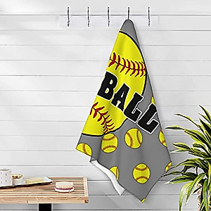 LOTSFUNS Softball Beach Towel Yellow Softball Sports Balls on Grey Bath Towels, Personalized Softball Accessories for Girls Kids, Lightweight Quick Dry Sandproof Pool Towels, Oversized 31.5x51.2