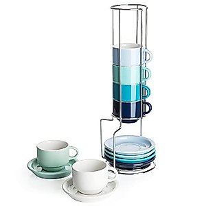 Sweese 404.003 Porcelain Stackable Espresso Cups with Saucers and Metal Stand - 2.5 Ounce for Specialty Coffee Drinks, Latte, Cafe Mocha and Tea - Set of 6, Cool Assorted Colors