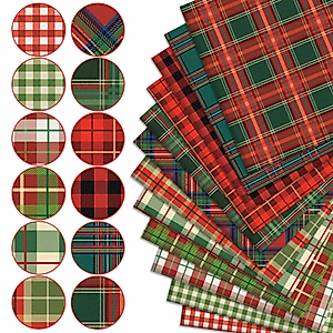 Whaline 12Pcs Christmas Cotton Fabric Bundles Buffalo Plaid Xmas Fat Quarters Red Green Checkered Printed Sewing Fabrics for DIY Handmade Crafting, 18 x 22 Inch