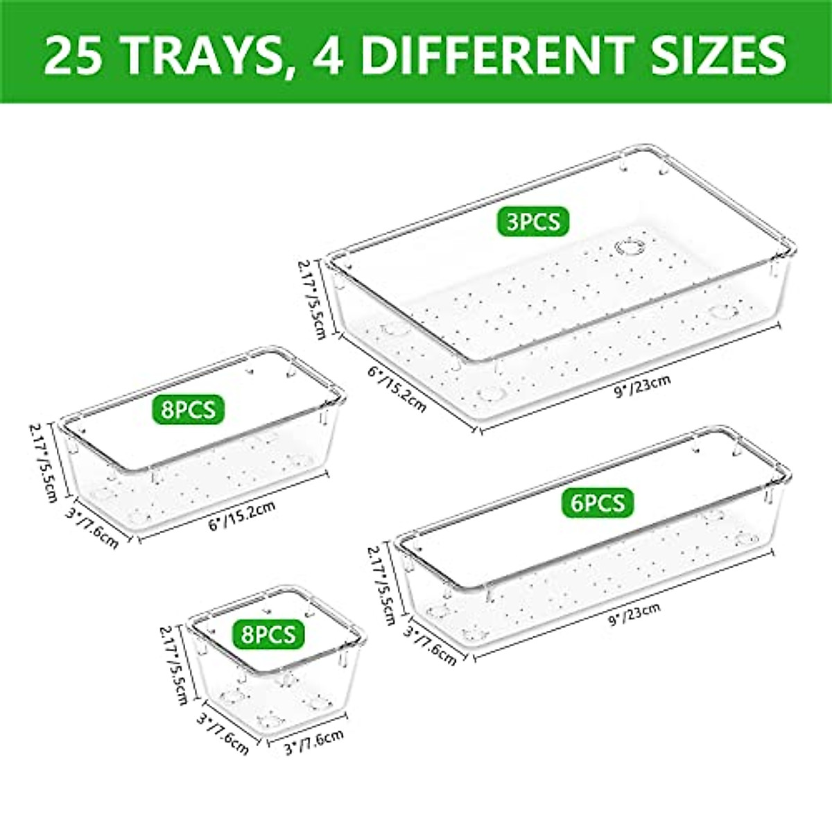 POGEAIR 25Pcs Clear Drawer Organizer Set with Non-Slip Silicone Pads,4 Sizes Plastic Kitchen Drawer Organizers,Storage Bins for Bedroom Dresser,Bathroom,Office,Jewelry,Desk