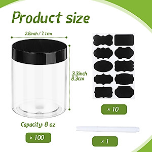 Dandat 100 Pcs 8 Oz Plastic Jars with Screw on Lids Labels and Pen Clear Cosmetics Container Jars Refillable Empty Round Jars Wide Mouth Storage Containers for Kitchen Household (Black Lid)