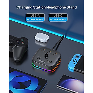 TROND Headphone Stand with USB C, Desk Gaming Headset Holder with 3 AC Outlets, 2 USB A and 1 USB C, Headset Stand with 5 RGB Light Modes, for Gaming Desk Accessories Gamer Boyfriend Gifts